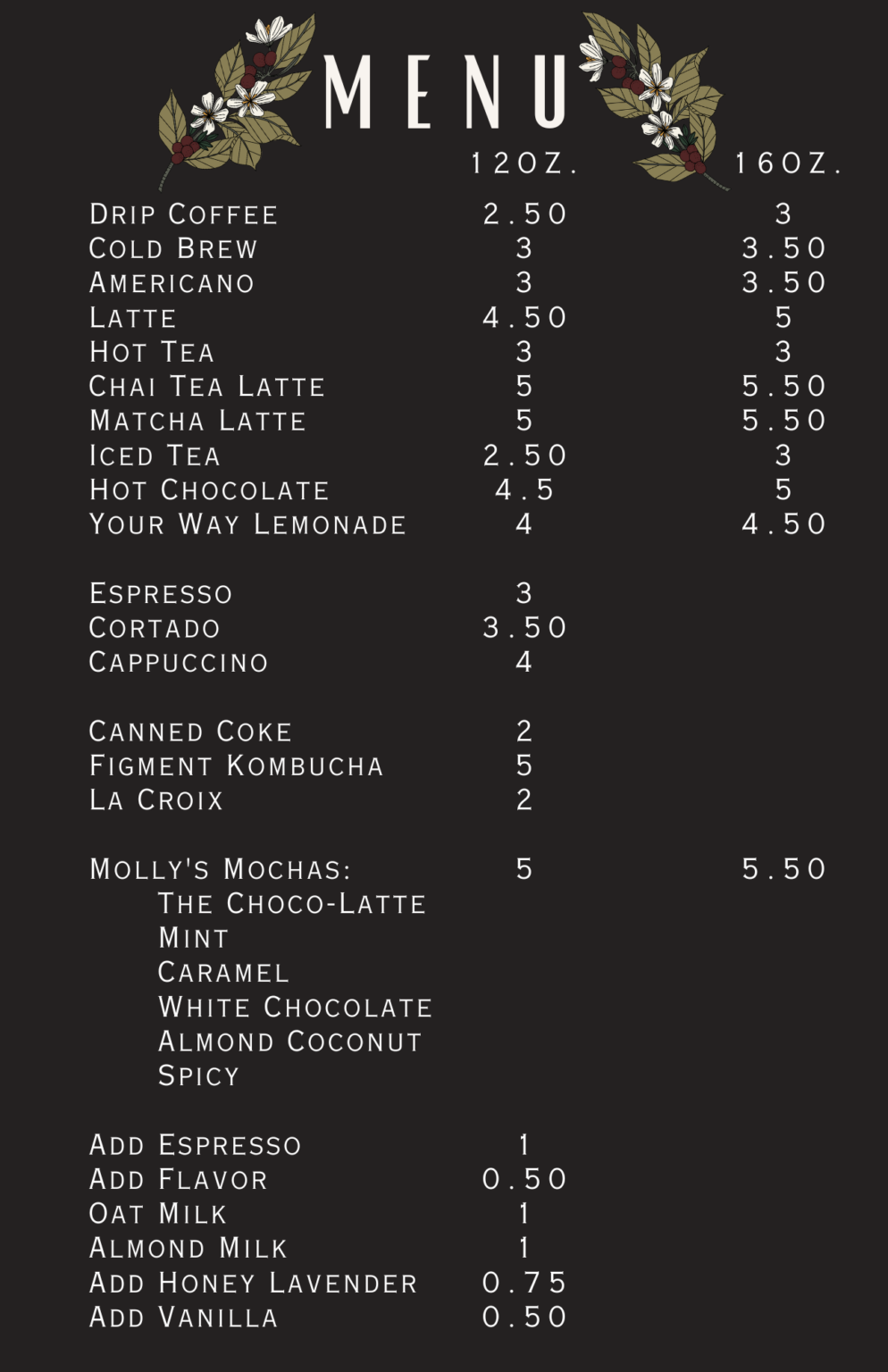 Menu – Molly's Coffee Company